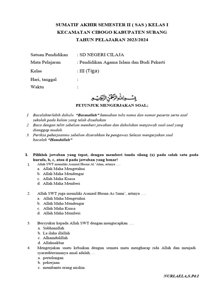 Soal PAT PAI Kelas 3 LATIHAN 1 | PDF