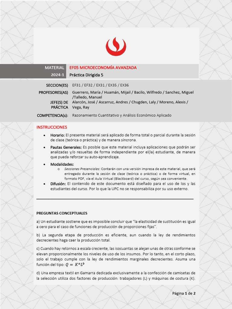 PD6 PROCESO Microeconomía Avanzada 2024-01 | PDF | Business | Factores de producción