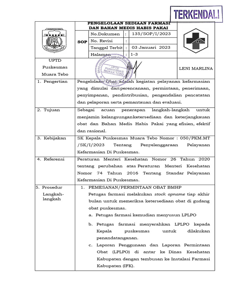 3.10.1.b (2) SOP PENGELOLAAN SEDIAAN FARMASI DAN BMHP Ok | PDF