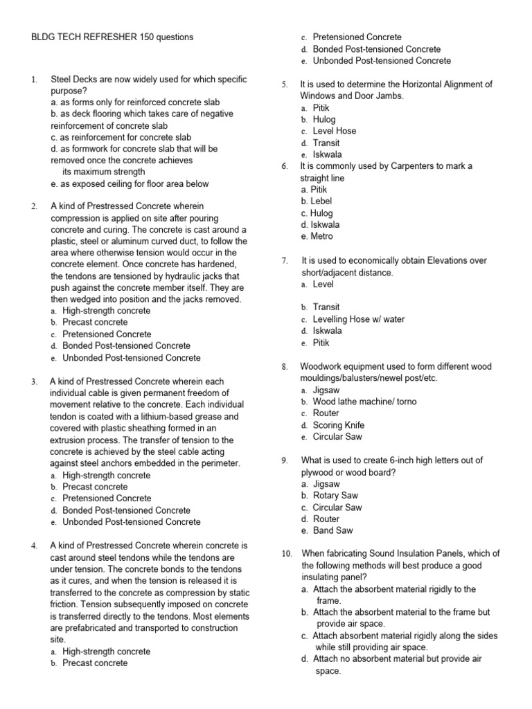 REFRESHER JUSON BLDG TECH Questions | PDF | Prestressed Concrete | Concrete
