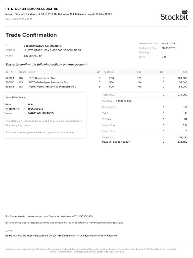 Trade Confirmation | Download Free PDF | Market (Economics) | Investing