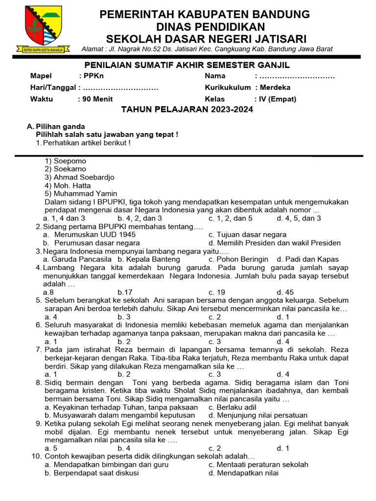 Naskah Soal Sas Kelas 4 Pend. Pancasila Semester 1 (Revisi) | PDF