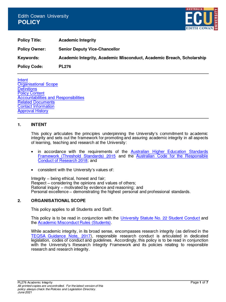 Academic Integrity Policy | PDF | Integrity | Academic Dishonesty