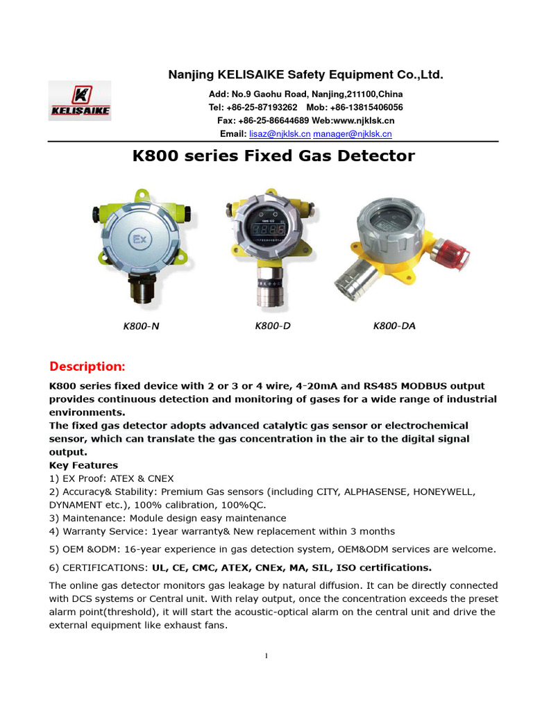 UL & CE Approved k800 Fixed Detector | PDF | Sensor | Electrical ...