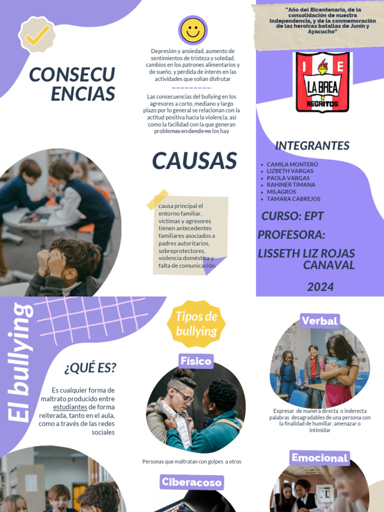 Tríptico Sobre El Bullying Acoso Escolar Creativo Morado y Amarillo ...