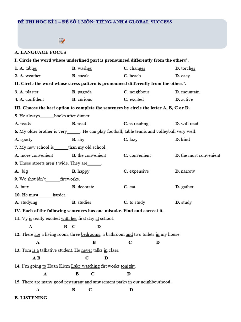 Đề thi hk1 TA 6 | PDF | York