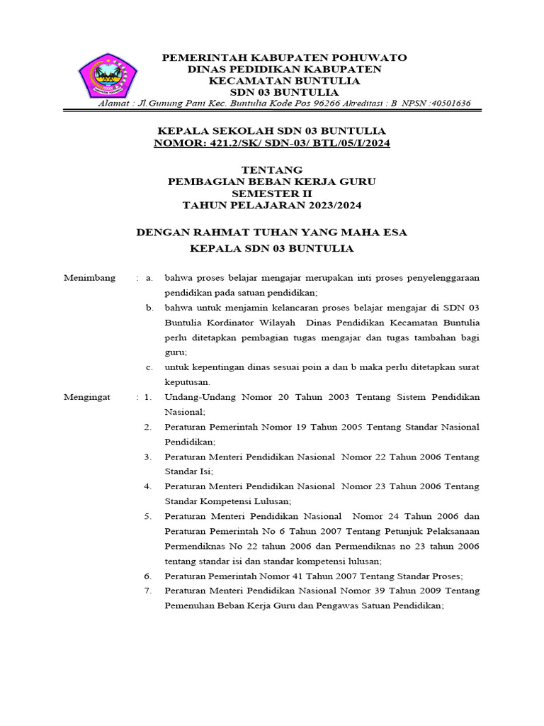 SK PEMBAGIAN TUGAS SEMESTER Genap 2023-2024 | PDF