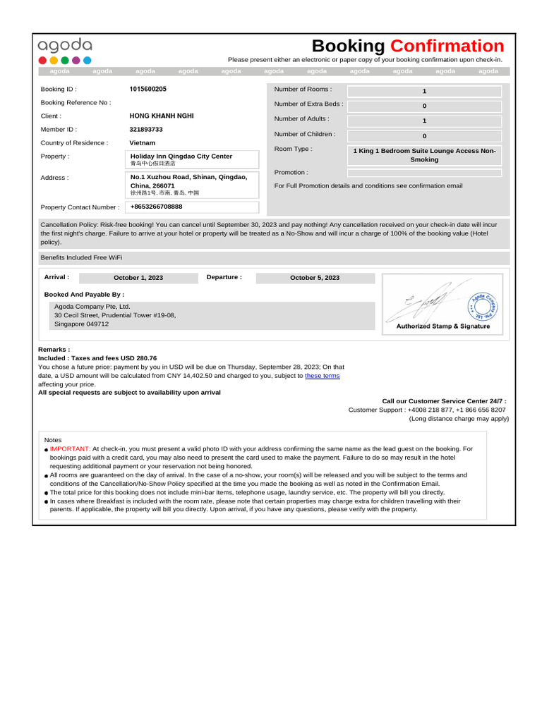 Confirmation For Booking ID # 1015600205 | PDF | Payments
