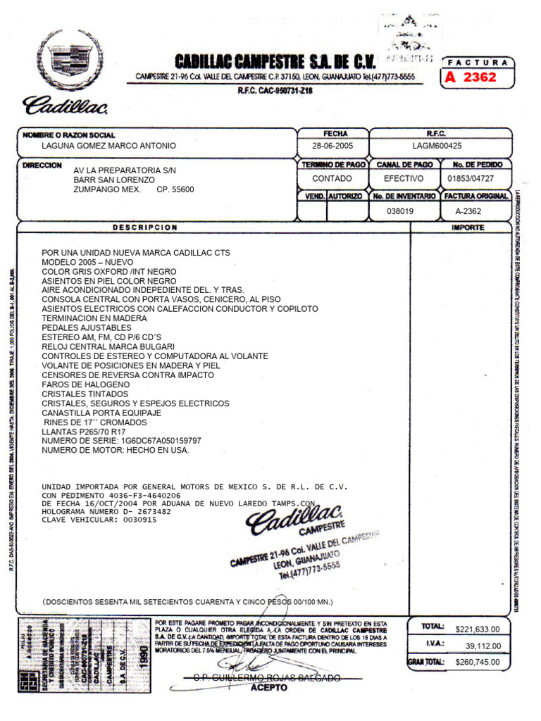 Factura Cadillac CTS 2005 Zumpango | PDF
