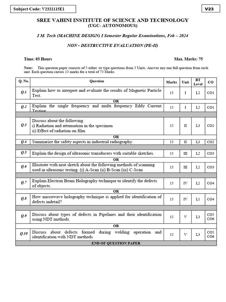 M.Tech NDT Exam Paper Feb 2024 | PDF | Nondestructive Testing | Applied ...