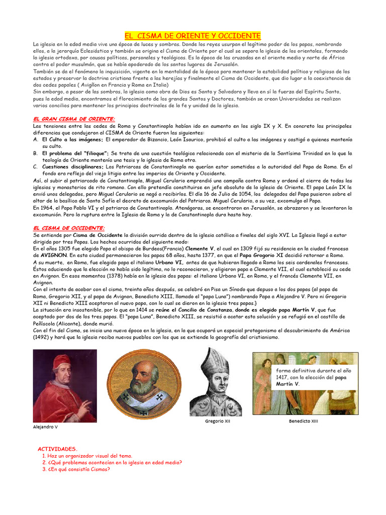 Cisma de Oriente y Occidente: Resumen | PDF | Iglesia Católica ...