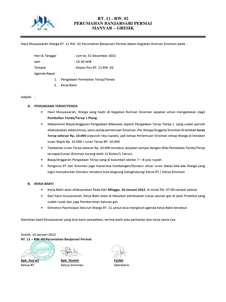 Notulen Rapat RT 11 RW 02 Banjarsari | PDF