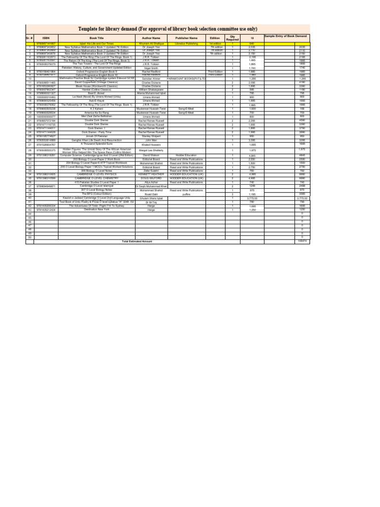 Template For Library Demand List (For Approval of Library Book ...