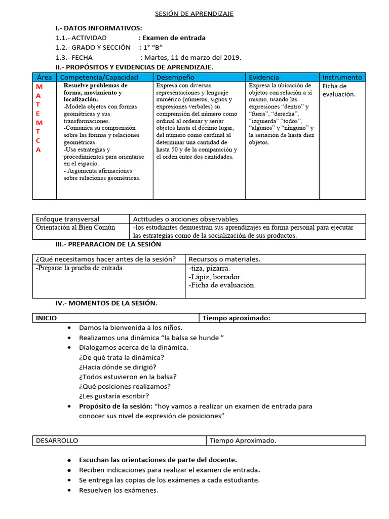 Sesión de Aprendizaje Matematica Examen de Entrada | PDF | Evaluación | Aprendizaje