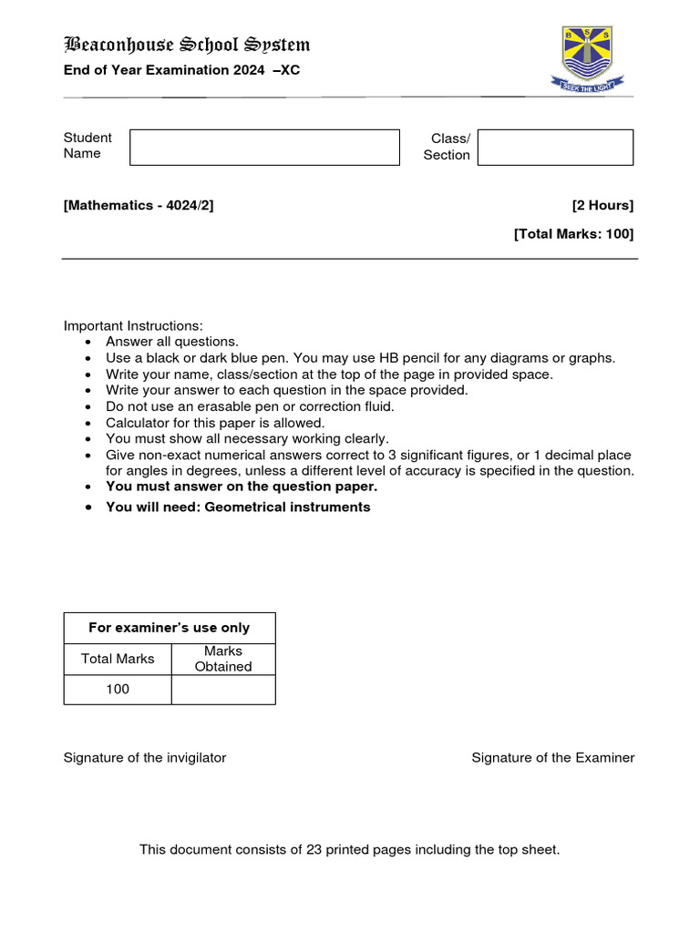 10C EOY Math 2024 P2 QP Edited | PDF | Area | Sphere