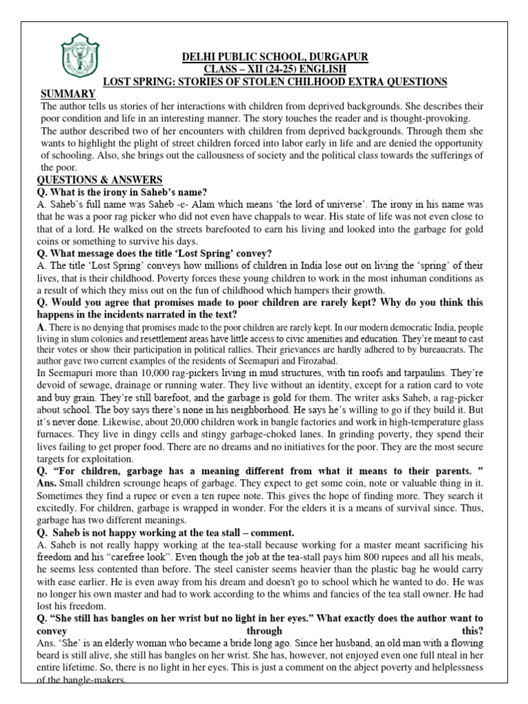 Class 12 Eng Study Material On Lost Spring | PDF | Language Arts ...