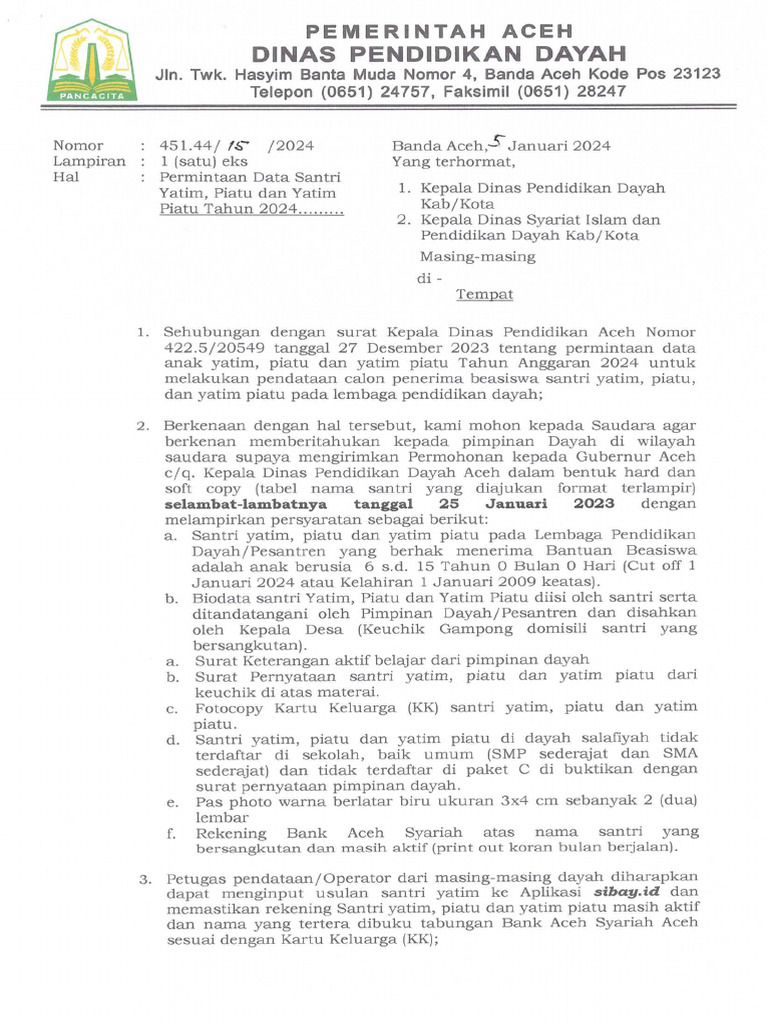 Surat Permintaan Santri Yatim Ke Kokab | PDF