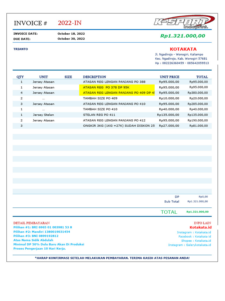 Invoice Pembelian Jersey Kotakata | PDF