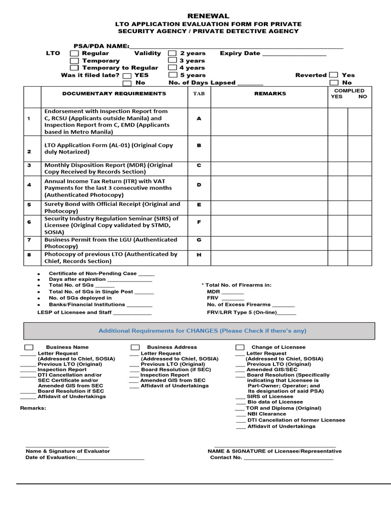 LTO Application Evaluation Form For Private Security Agency Private ...