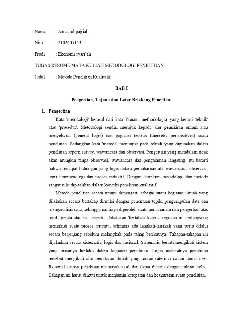 Resume Metode Penelitian Kualitatif Bab 1&2 Jiok | PDF | Pengembangan Diri