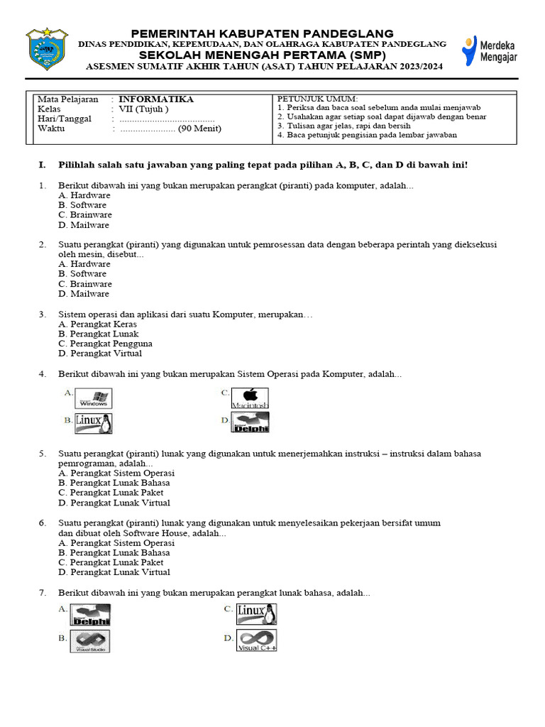 SOAL ASAT INFORMATIKA Kls 7 SM 2 TH 2023-2024 | PDF | Komputer