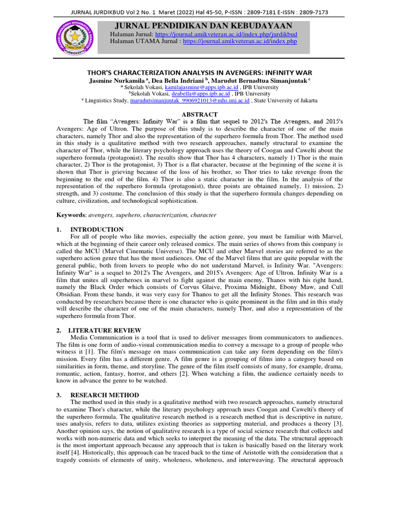 Thor'S Characterization Analysis in Avengers: Infinity War: Jurnal Pendidikan Dan Kebudayaan | PDF