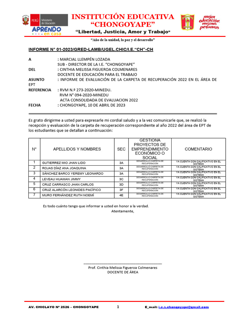 Evaluación Carpeta Recuperación EPT 2022 | PDF