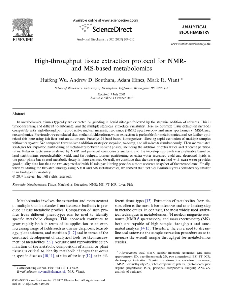 High-Throughput Tissue Extraction Protocol For NMR | PDF | Metabolomics | Analytical Chemistry