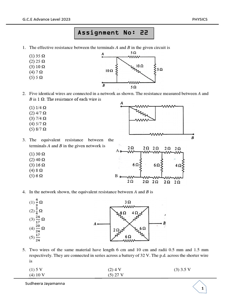 Assignment No: 22: B Is 1 . The Resistance of Each Wire Is | PDF | Electrical Resistance And ...