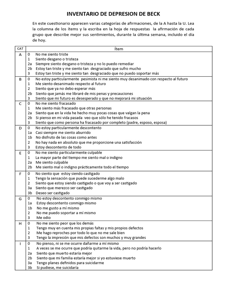 Inventario de Depresion de Beck | PDF | Trastorno depresivo mayor ...