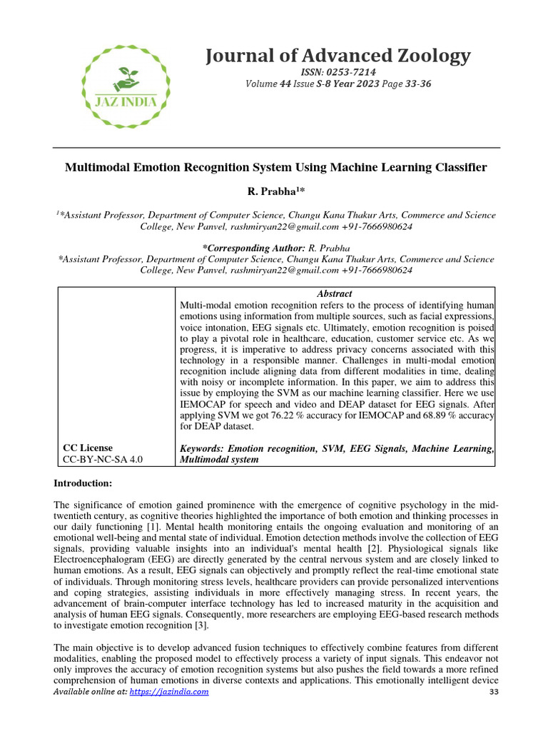 Journal of Advanced Zoology: Multimodal Emotion Recognition System Using Machine Learning ...