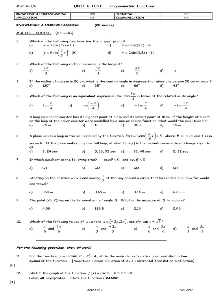 Unit 6-Trigonometric Functions - Version Bfull Permission | PDF ...