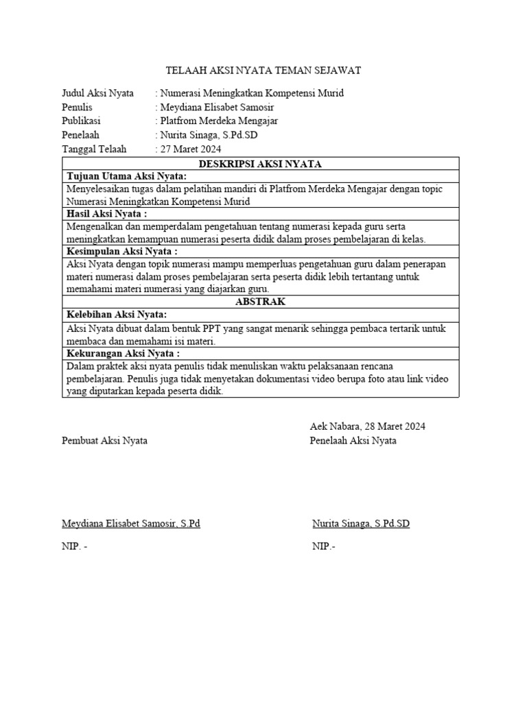 Telaah Aksi Nyata Teman Sejawat | PDF