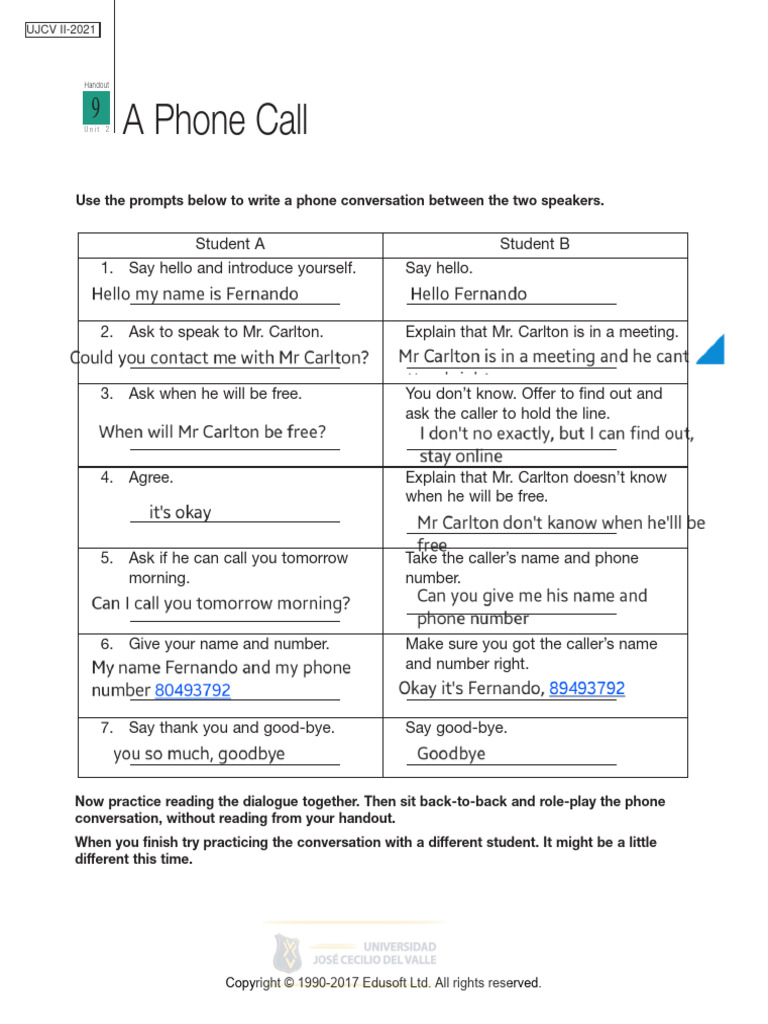 02 Basic 3 Handout Nro.9 Unit 2 A Phone Call | PDF