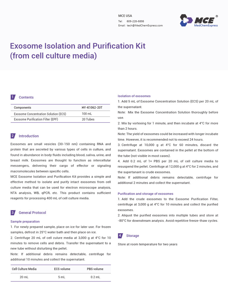 MCE Exosome Isolation and Purification Kit For Cell Culture Media Manual | PDF | Protein ...