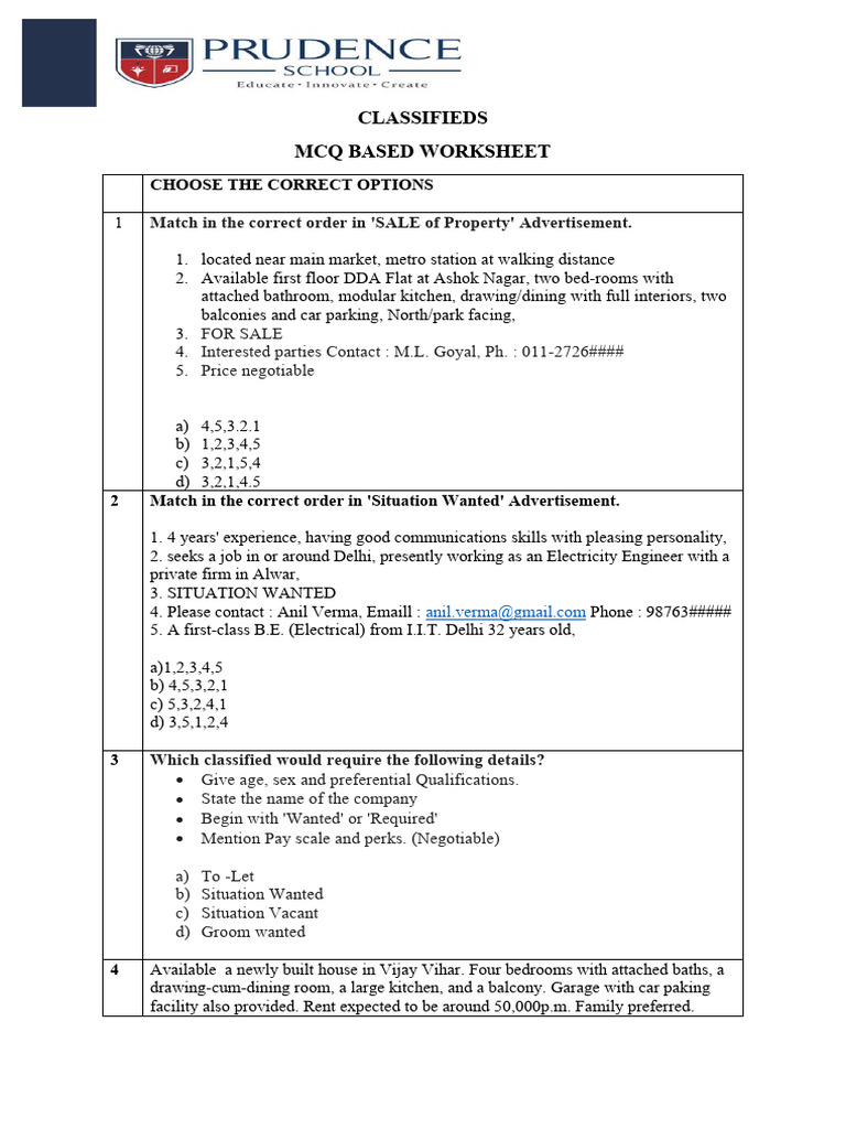 CLASSIFIEDS MCQ Worksheet | PDF | Social Science