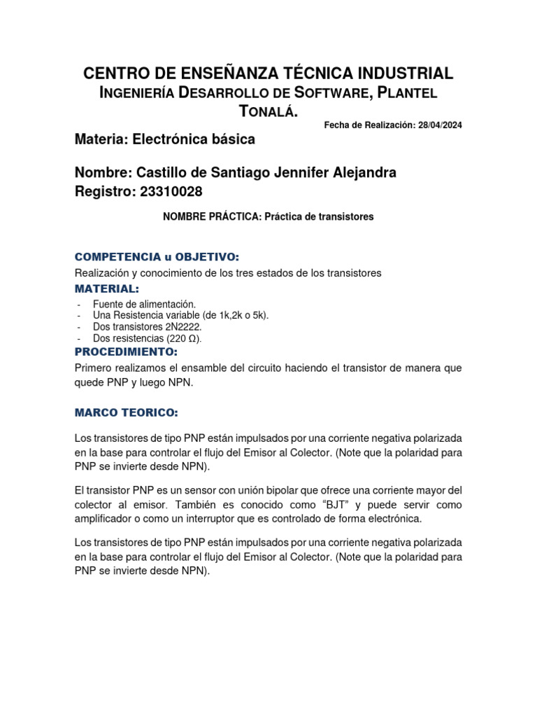 Prac2.3 2B1 23310028 | PDF | Transistor de unión bipolar | Transistor