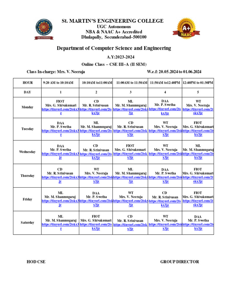 CSE II Sem Online Class Schedule 2024 | PDF