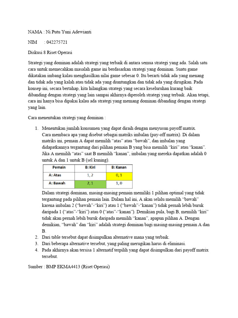 Diskusi 8 Riset Operasi | PDF | Game & Aktivitas | Metode & Bahan Ajar
