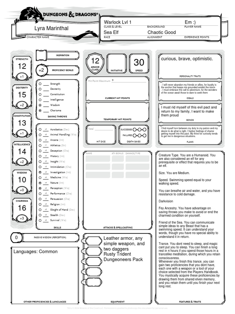 Sea Elf Warlock Character Sheet | PDF | Gary Gygax Games | Dungeons ...