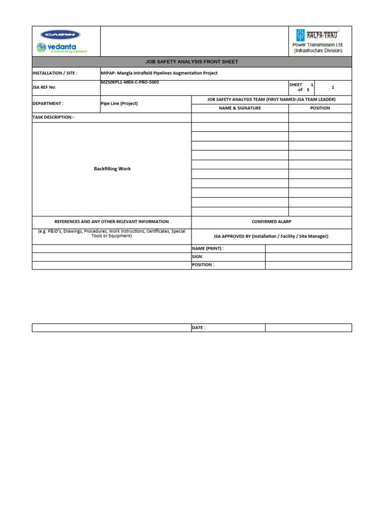 JSA-Backfilling Work | PDF | Safety | Occupational Safety And Health