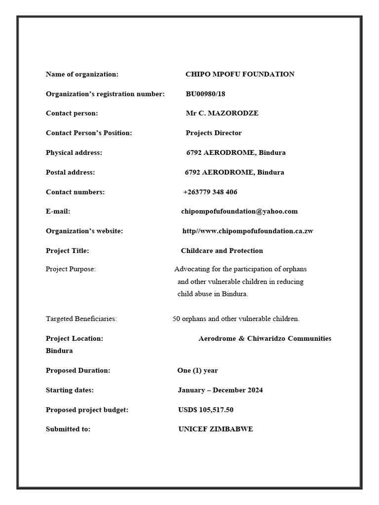 Cavin UNNICEF Project Proposal | PDF | Child Abuse | Child Protection