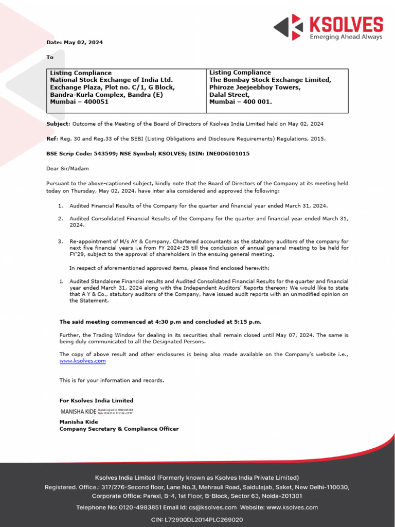 Ksolves Board Meeting Outcomes | PDF | Going Concern | Audit