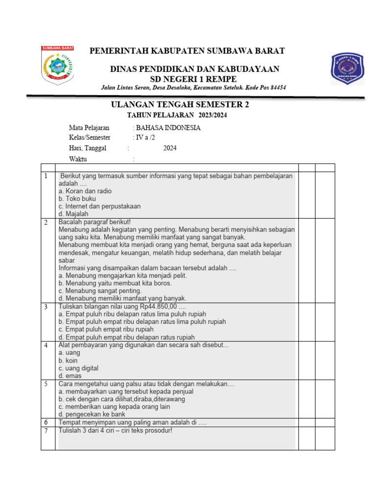 Soal Bahasa Indonesia Semester Genap 2024 | PDF | Kajian Bahasa Asing