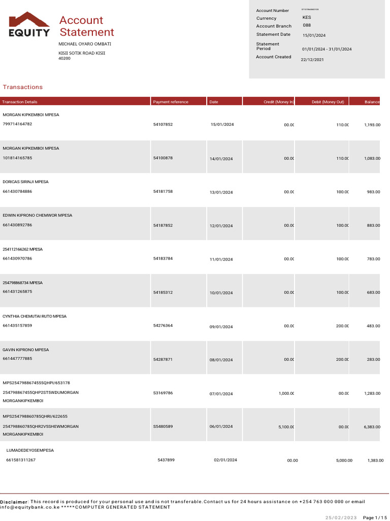1 - Updated - Benson Equity Bank Statement | PDF | Debits And Credits ...