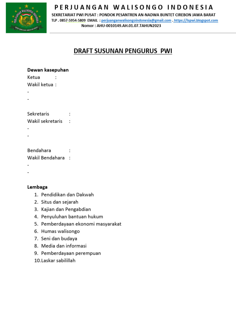 Draft Susunan Pengurus Pwi Dan Laskar - 063155-1-3 | PDF