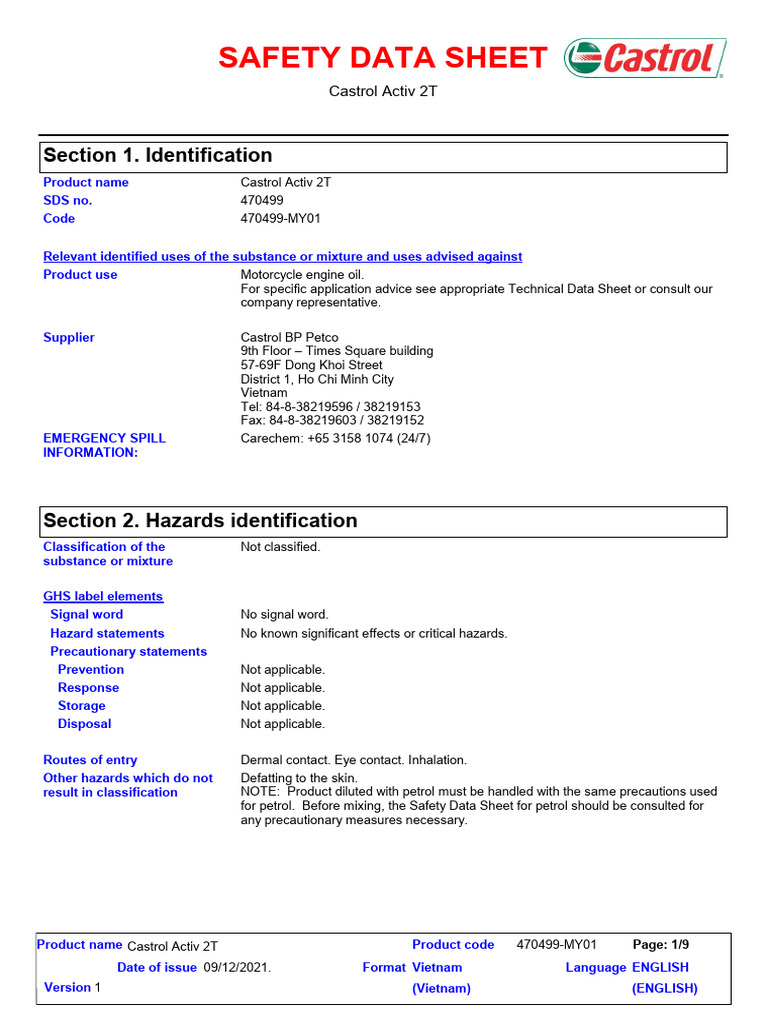 Castrol Activ 2T Safety Data Sheet | PDF | Occupational Safety And ...