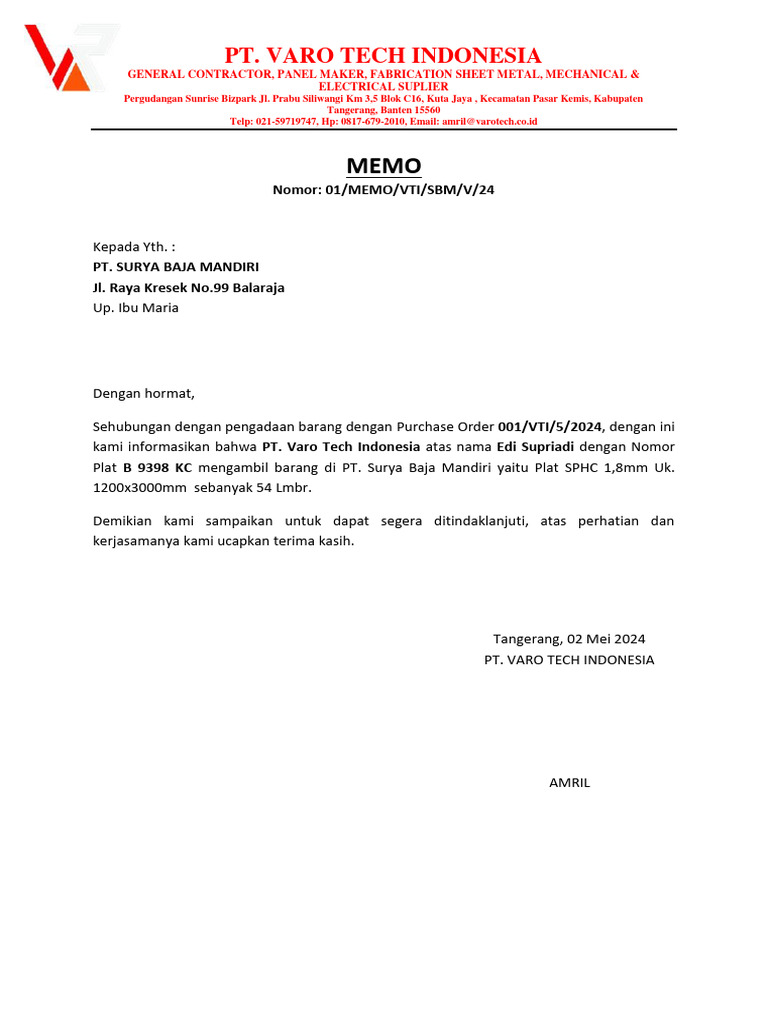 Memo Pengambilan Barang PT. Surya Baja | PDF