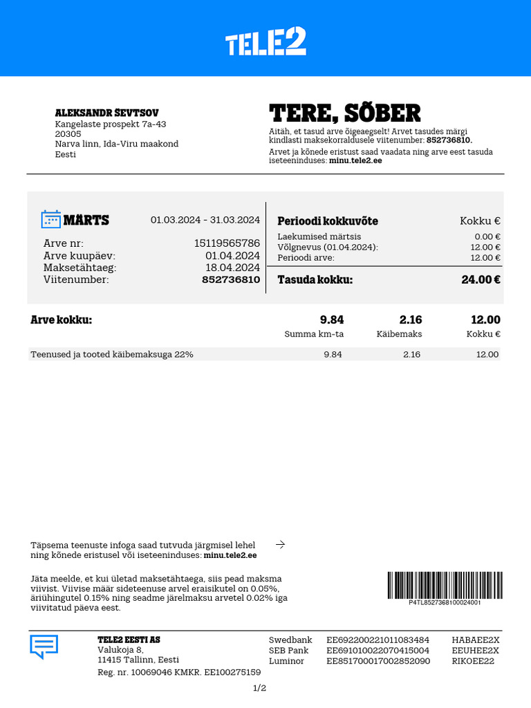 Tele2 Bill 15119565786 | PDF