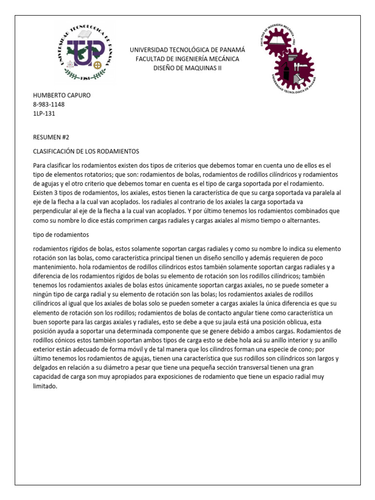 Resumen 2, Humberto Capuro, 8-983-1148 | PDF | Ingeniería mecánica